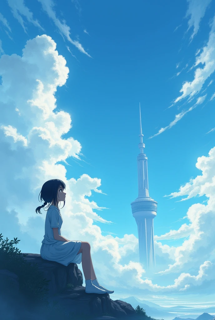 Anime girl sitting on a rock and looking at the sky,In the distance ...