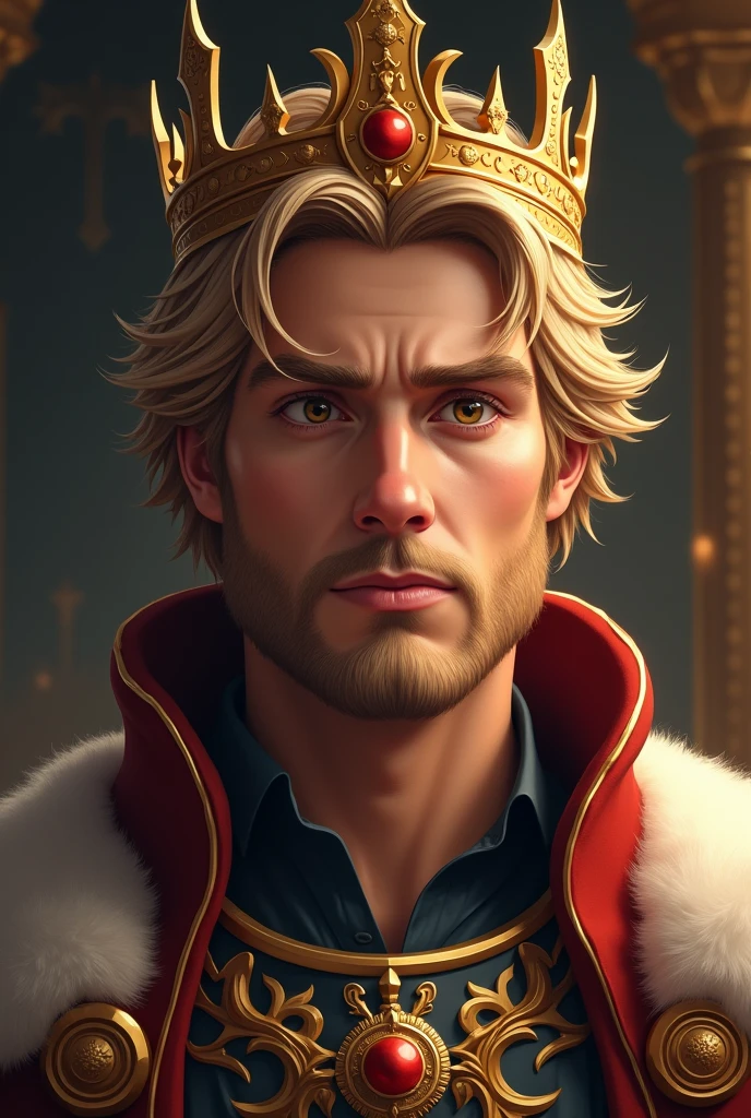 King with crown, honey colored wavy hair, dark brown eyes, short hair ...