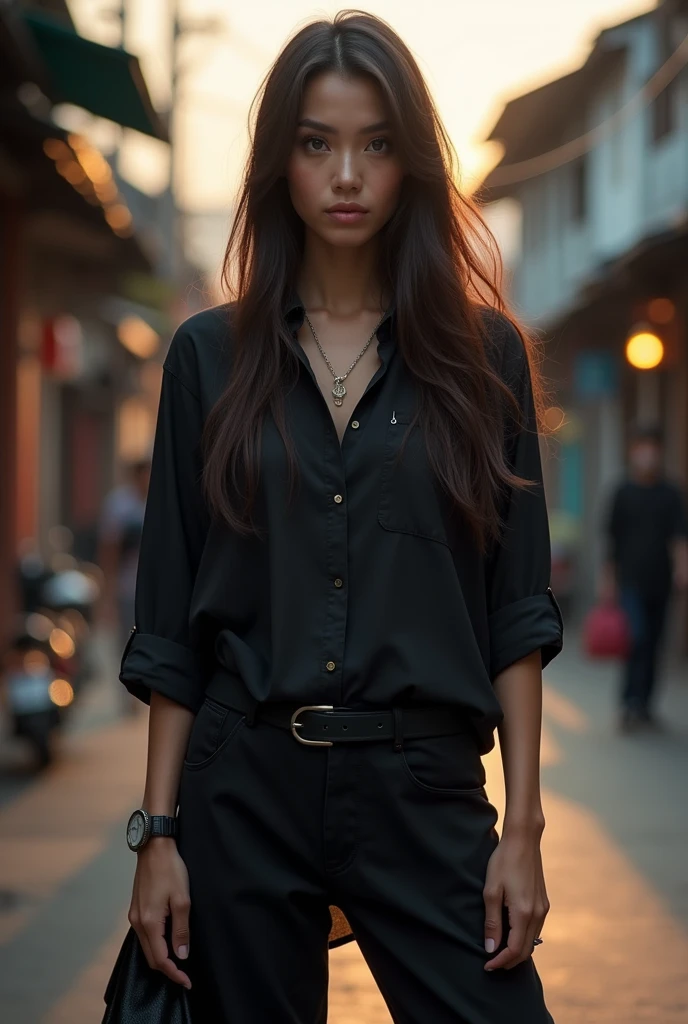 Brown hair, Bullish, black loose clothes, shirt and pants, black boot - SeaArt AI