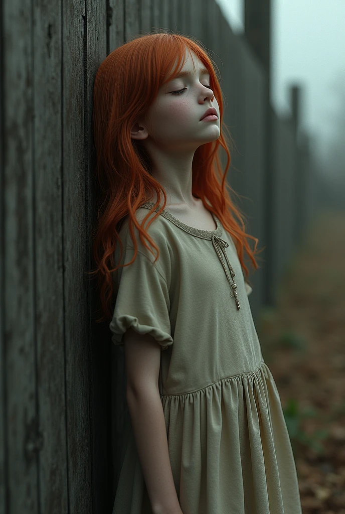 Make a redheaded child, leaning against something, facing forward ...