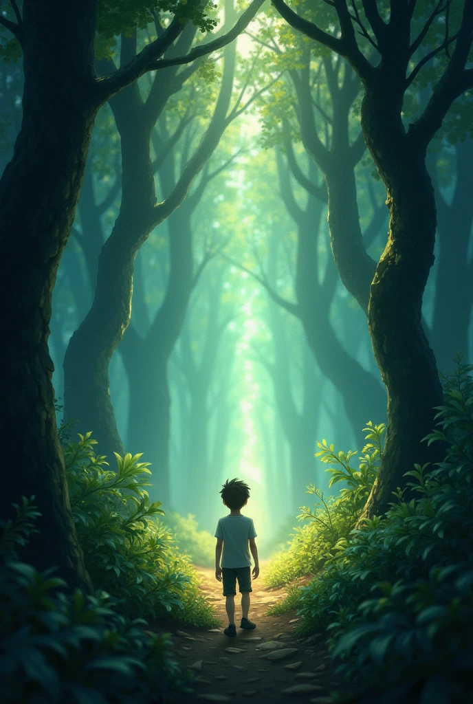 In forest closed by trees from there trees gap shining magical lights ...