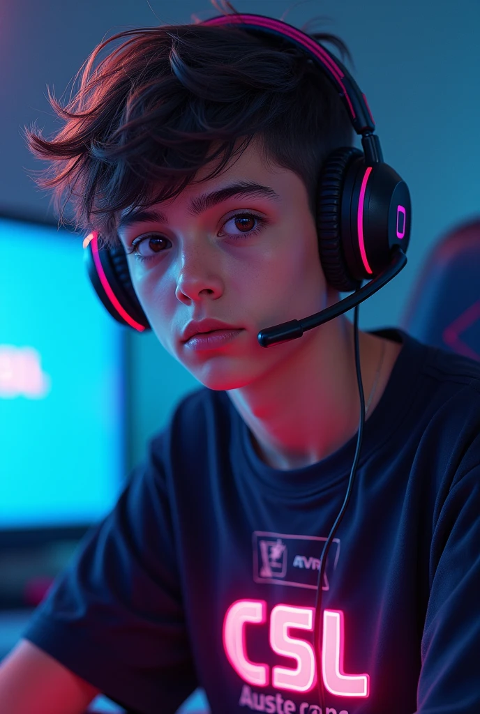 Make an image of a gamer with the shirt written "csl" well highlighted - SeaArt AI