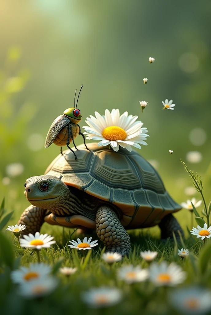 In the foreground a turtle with a daisy flower and a cicada the same ...