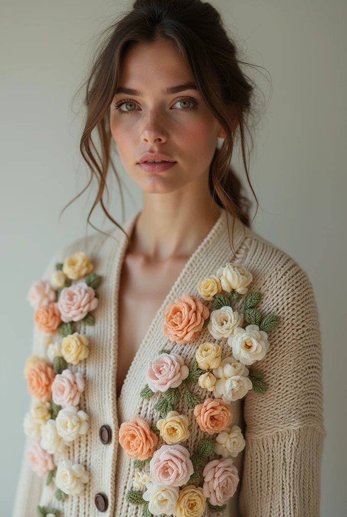 European woman model wearing knitted cardigan with lots of small ...