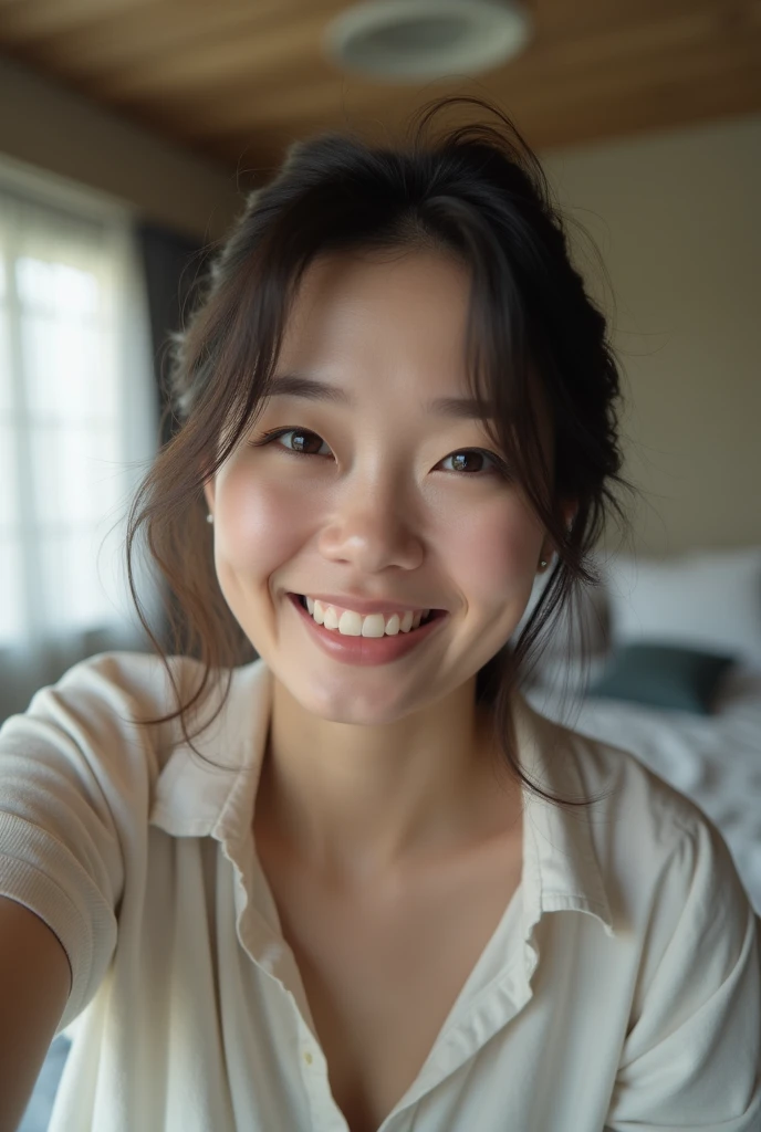 Japanese women、bedroom、Selfie、fair skin、Big Breasts、single eyelid - SeaArt AI