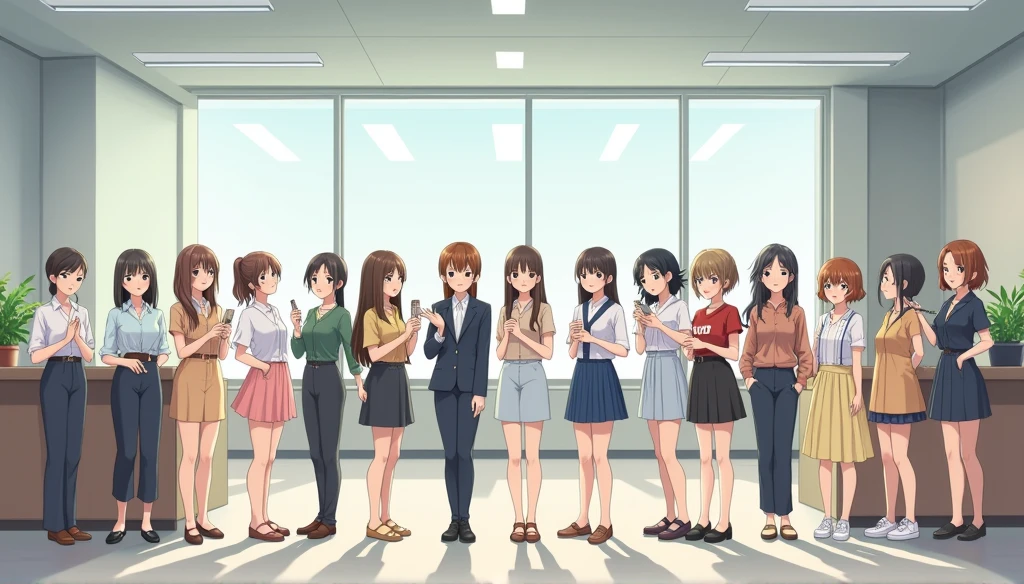 Anime girls standing in a line in a large office - SeaArt AI