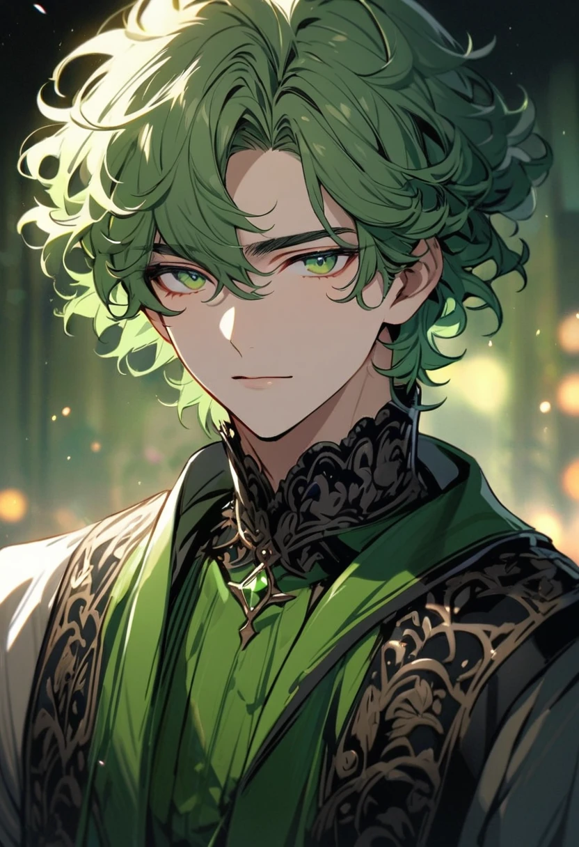Male, solo, handsome, curly hair, short hair, green hair, green eyes ...