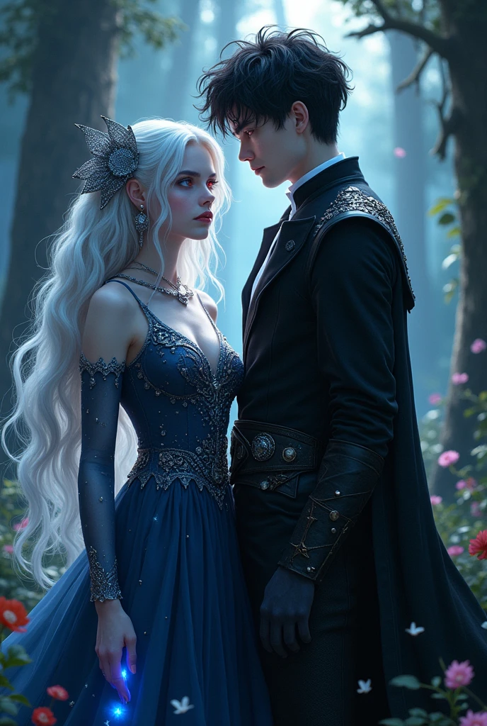 The protagonist with long, wavy hair, with silver locks that shine ...