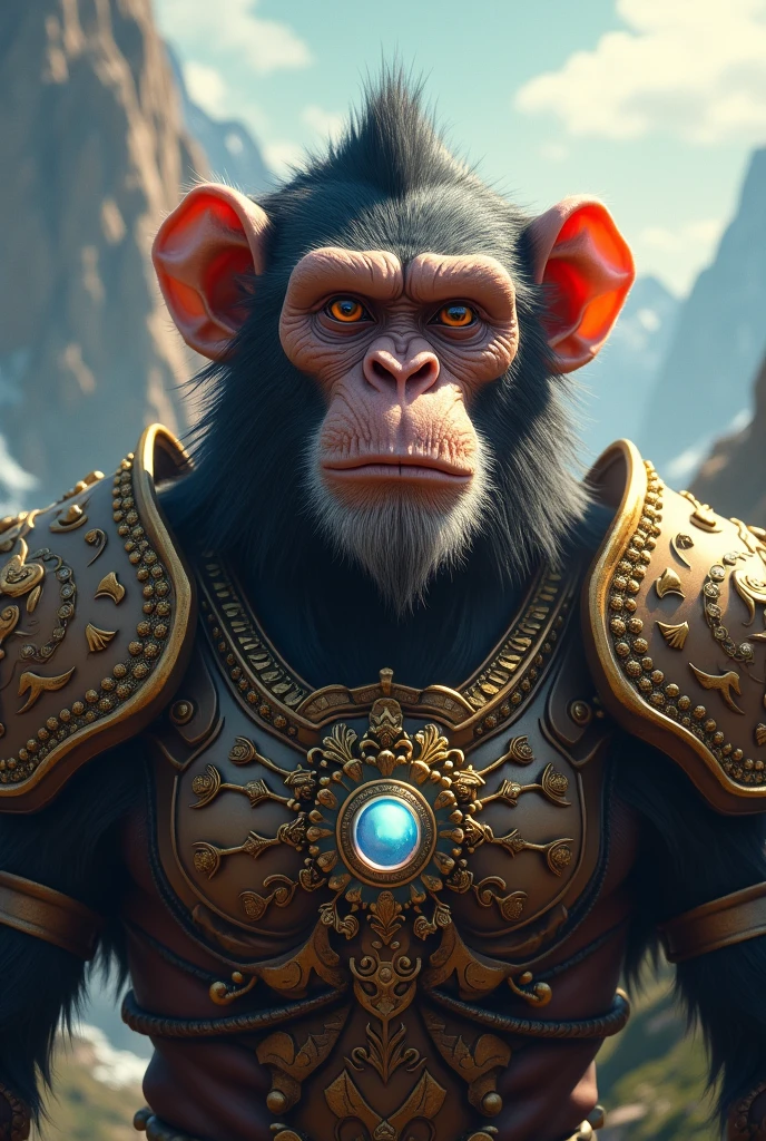 A powerful humanoid monkey, detailed face with big eyes, long eyebrows ...