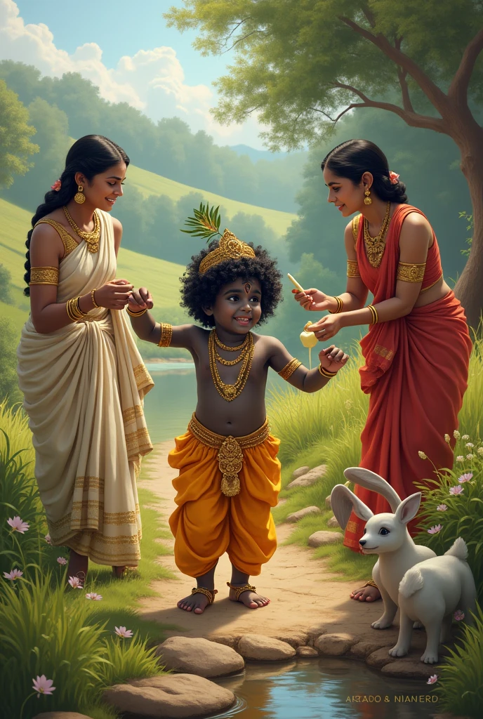 Srinkrishna stolen butter from gopis fantasy real - SeaArt AI