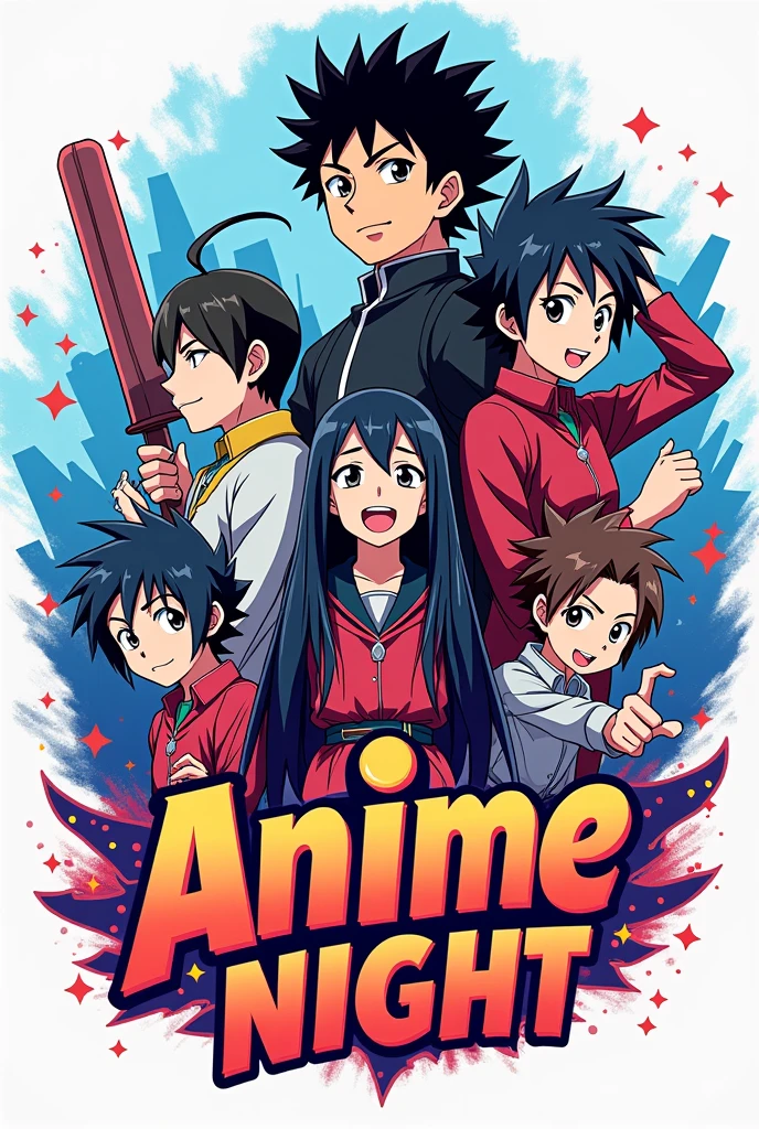 Make a logo for anime night with anime characters at background - SeaArt AI