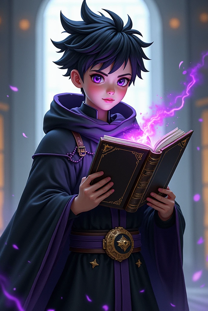 A young boy, technological wizard, spiky black hair and dark purple ...