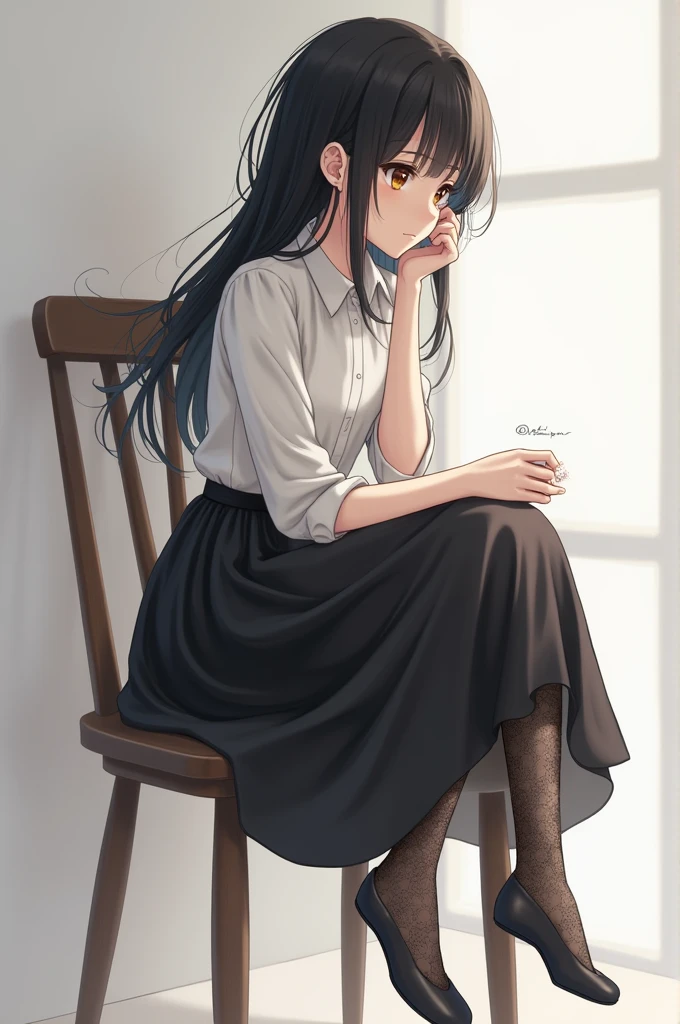 Young girl, sitting on a chair, white top, black skirt, white panties ...