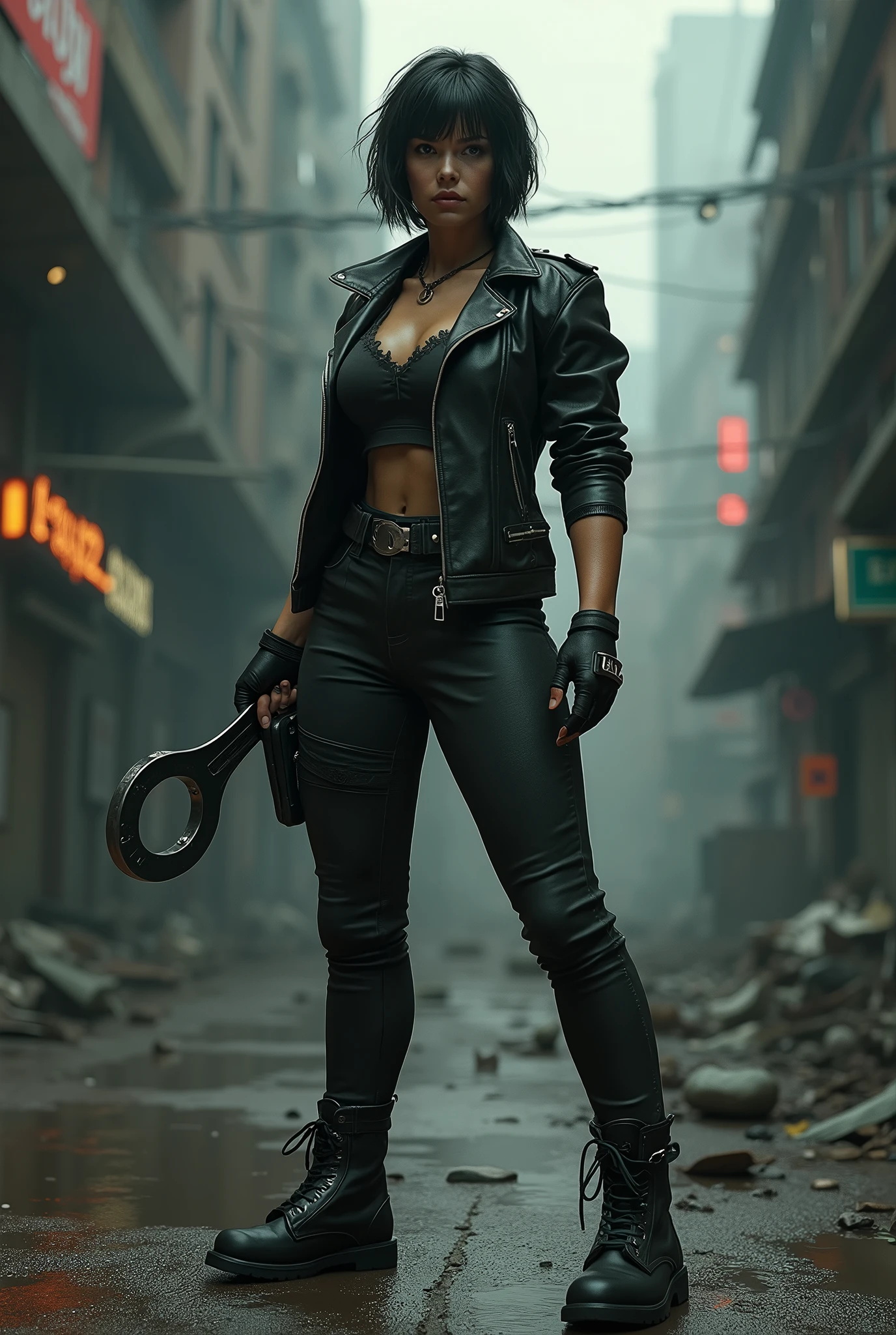 There is a woman in a leather jacket and black pants holding a pair of ...