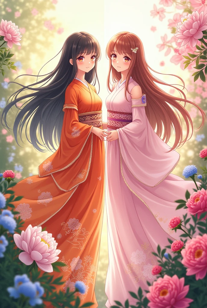 The left half has bush clover flowers in the background. Cute girl in ...