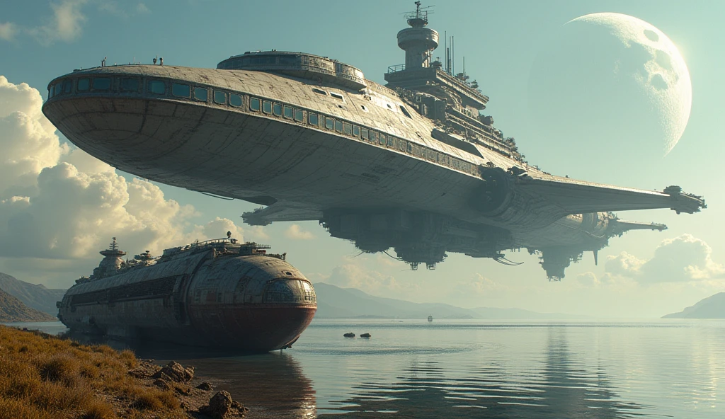 空を飛ぶ巨大な宇宙船, 詳細な墜落した宇宙船, 詳細な宇宙船, 映画「砂丘」宇宙船, 廃船, 空飛ぶSFビークル, レトロなSF 宇宙船 ...