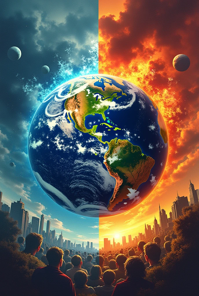 A poster with 4 sides with the middle of it being earth the top left is ...