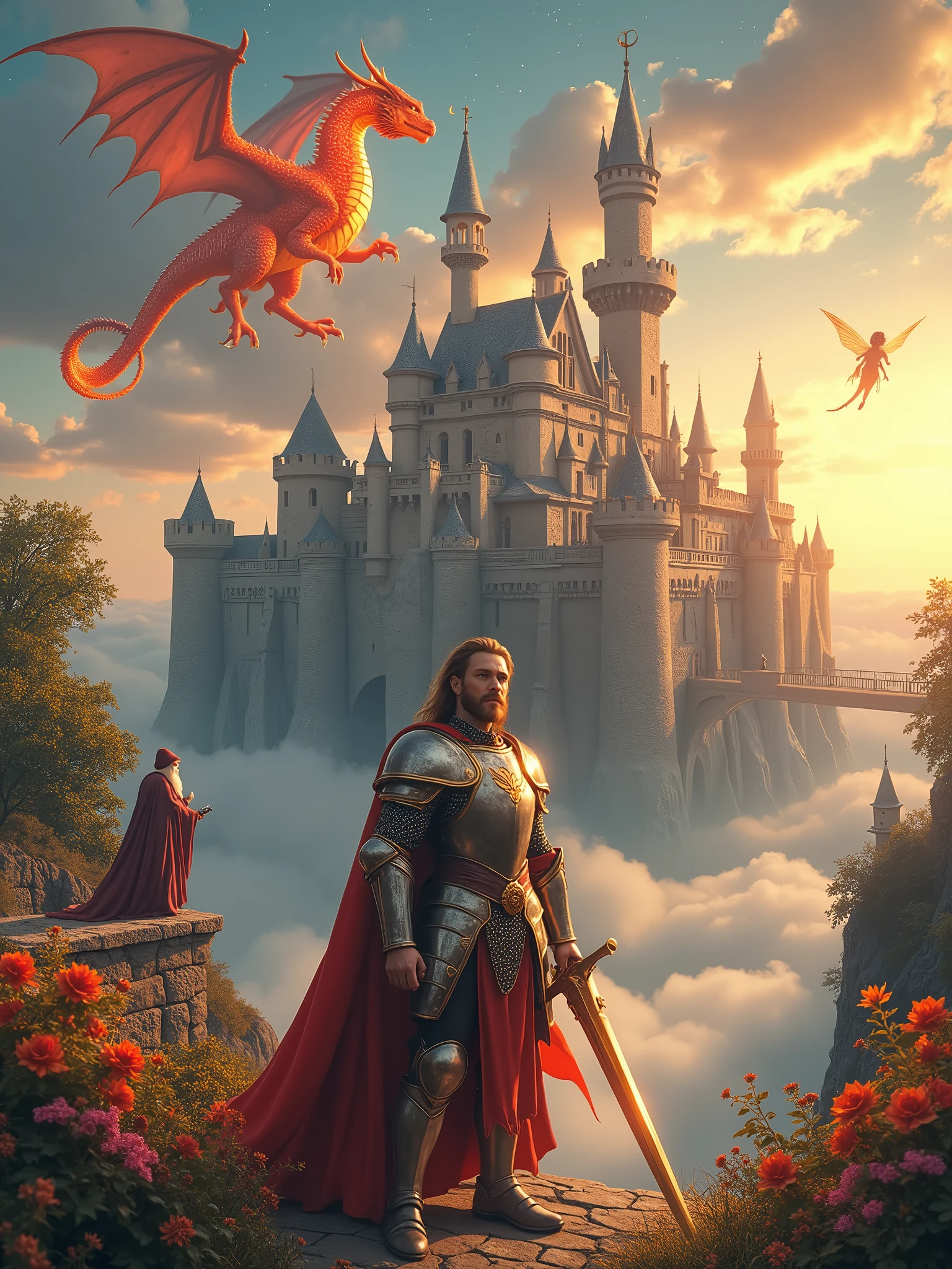 There is a man standing on a rock with a sword and a dragon - SeaArt AI