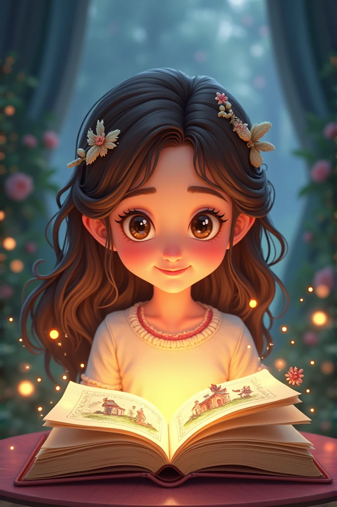 Create me an open book from which images of fairy tales and fantasy ...