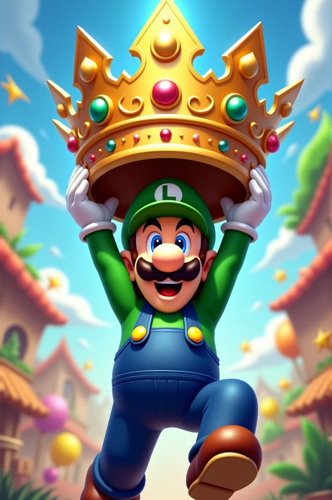 Luigi from Super Mario, happy expression, grab a giant crown - SeaArt AI