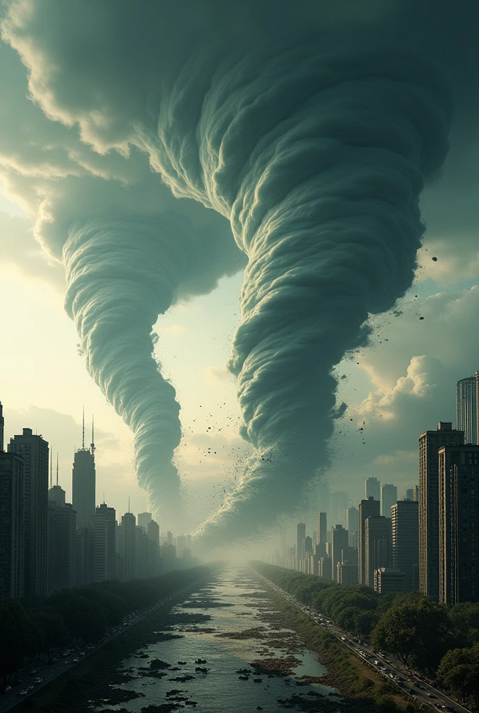Three tornadoes destroying a city - SeaArt AI