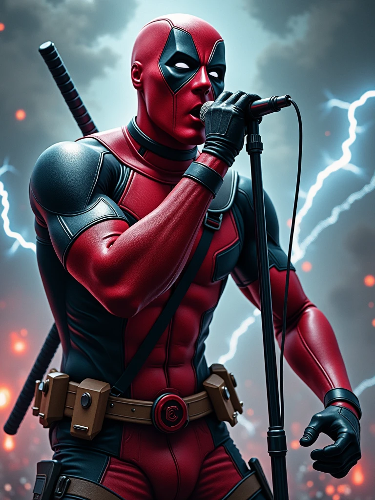 Rock Deadpool marvel holding the microfon singing with a background of ...