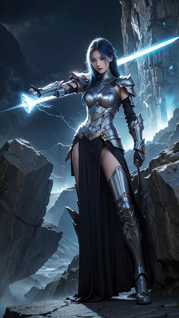 Woman warrior Her hair is blue and long、With blue eyes、Wearing white ...