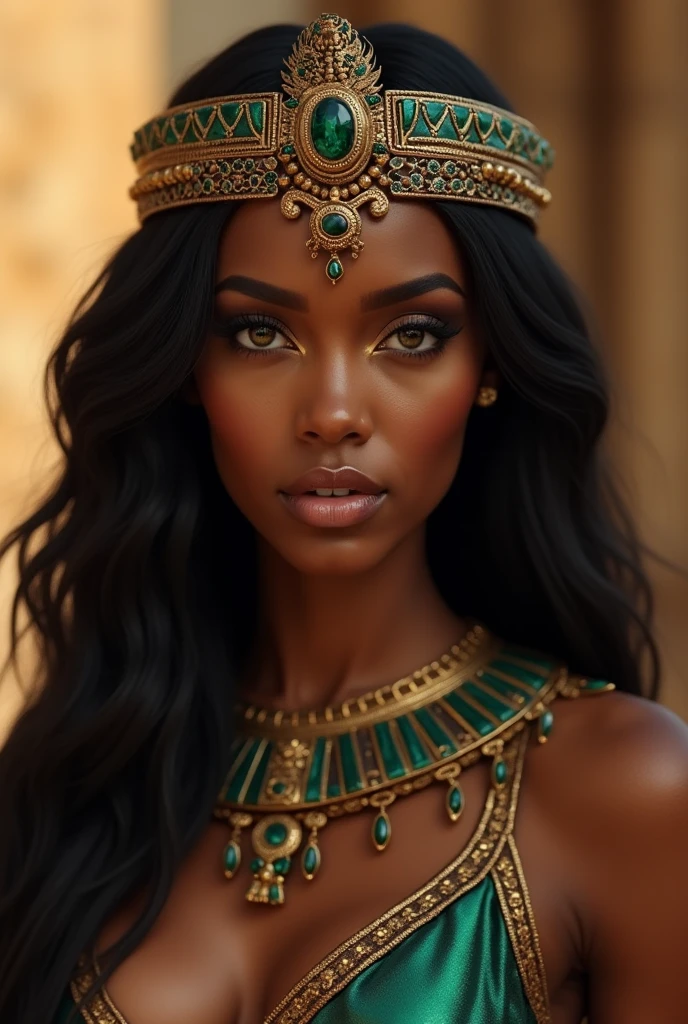 A woman from ancient egypt, a pharaoh, with long wavy hair, with ...