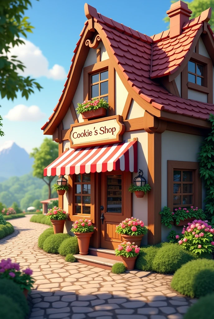 Design a small cookie shop front, no people in the picture. The shop is ...