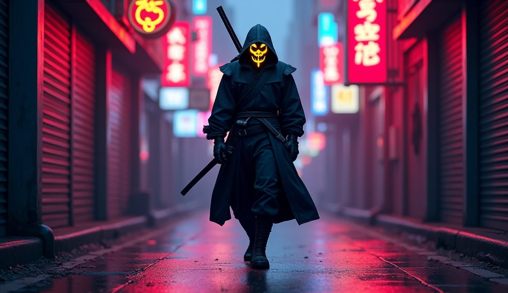 Make a samurai ninja walking down a neon-lit alley while he has his ...