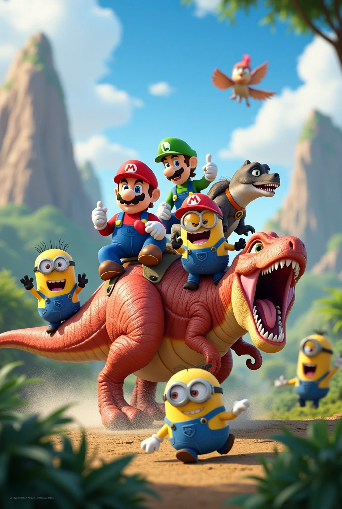 Mario Bros, Paw Patrol and Minions riding different dinosaurs - SeaArt AI