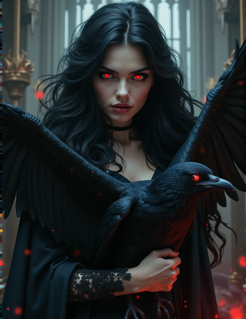 Gothic woman with black raven wings and red eyes in a gothic setting ...