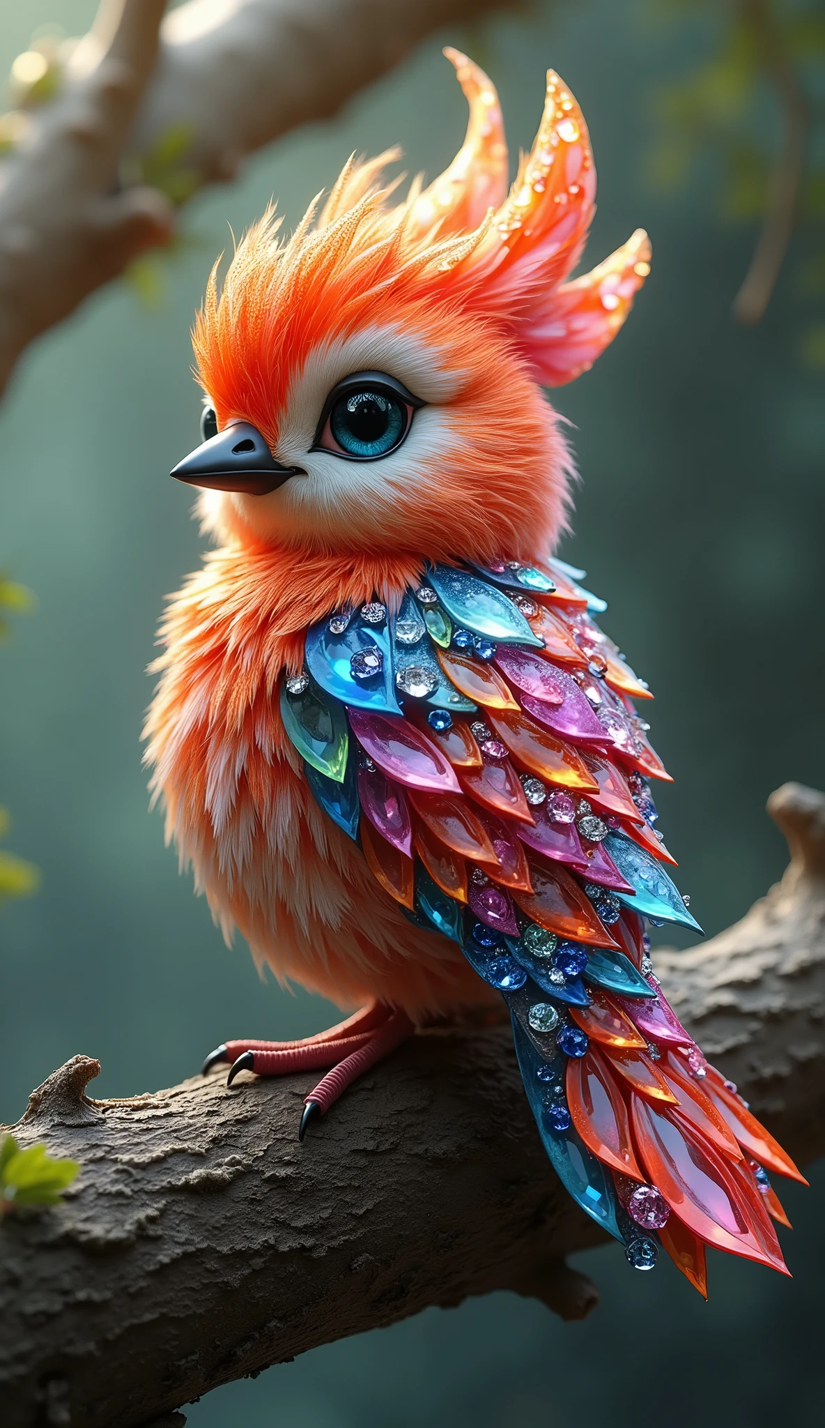 Brightly colored bird perched on a branch with a tree in the background ...