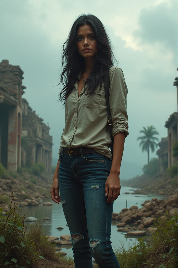 Indian Woman, look at viewer, long hair, shirt, jeans, cloud - SeaArt AI