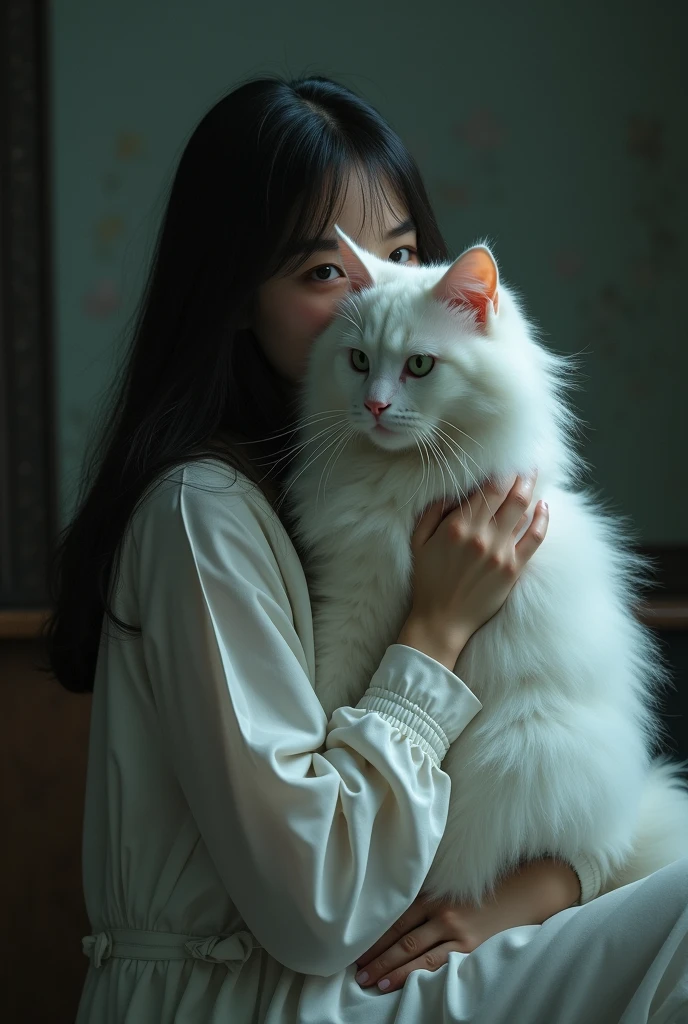 A woman hiding her whole face with a white cat - SeaArt AI