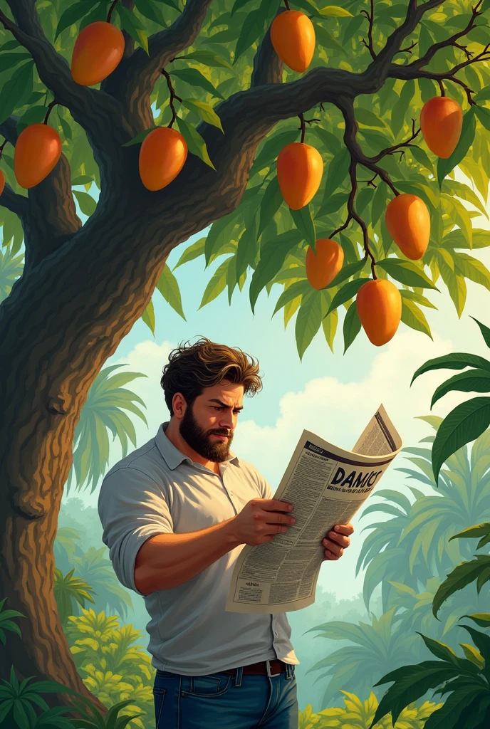 Man swelling newspaper with mango tree background - SeaArt AI