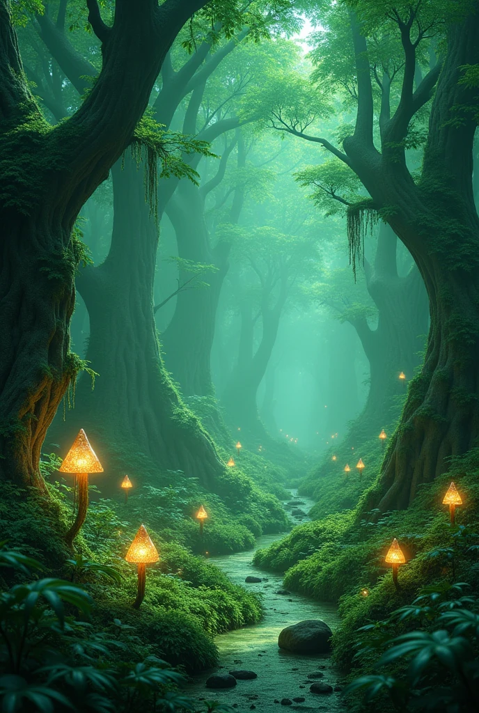 Mystic & fantasy green forest with enchanted vibe. Image should be 3d ...