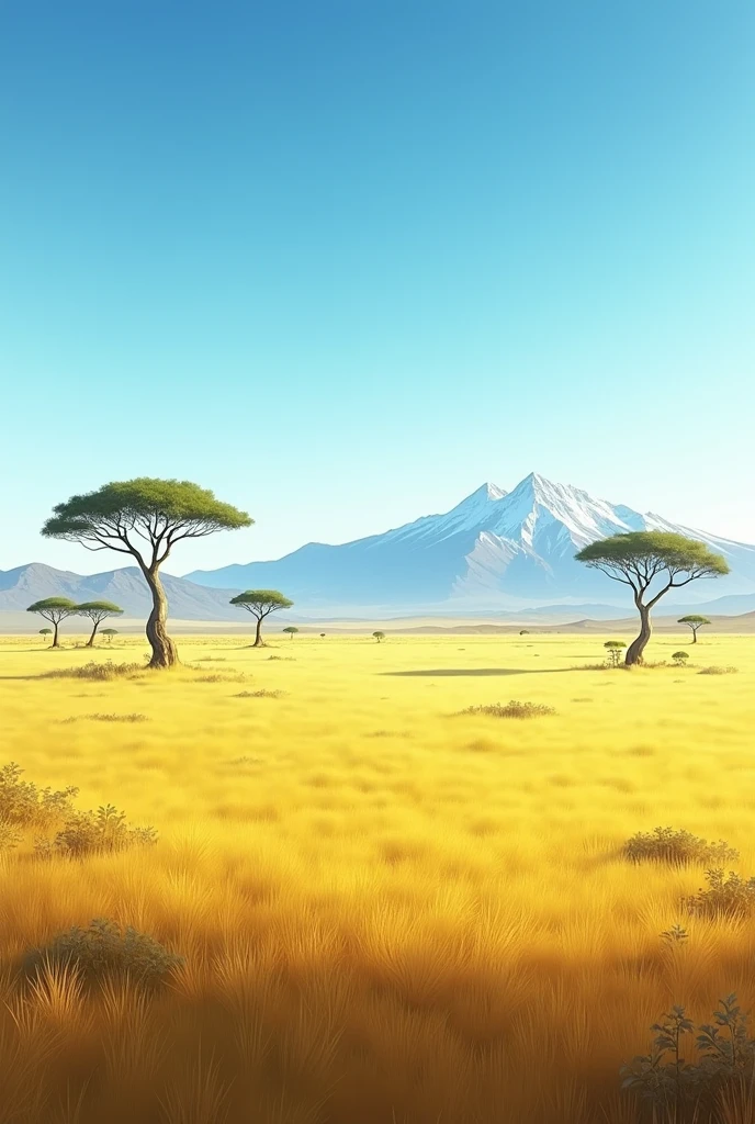 A spacious savannah with golden grass, with rare trees and distant ...