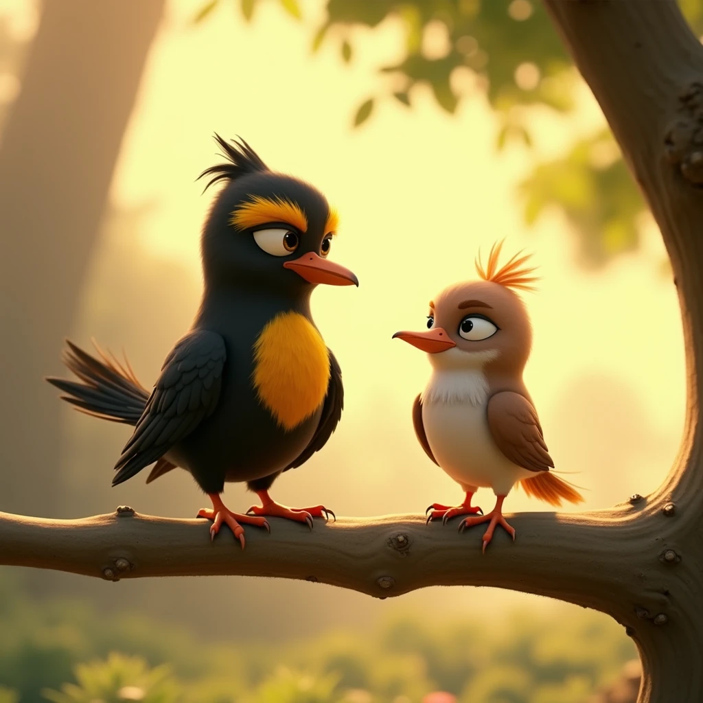 Pixar Animation Style of a black bird with a yellow chest and eyebrows ...