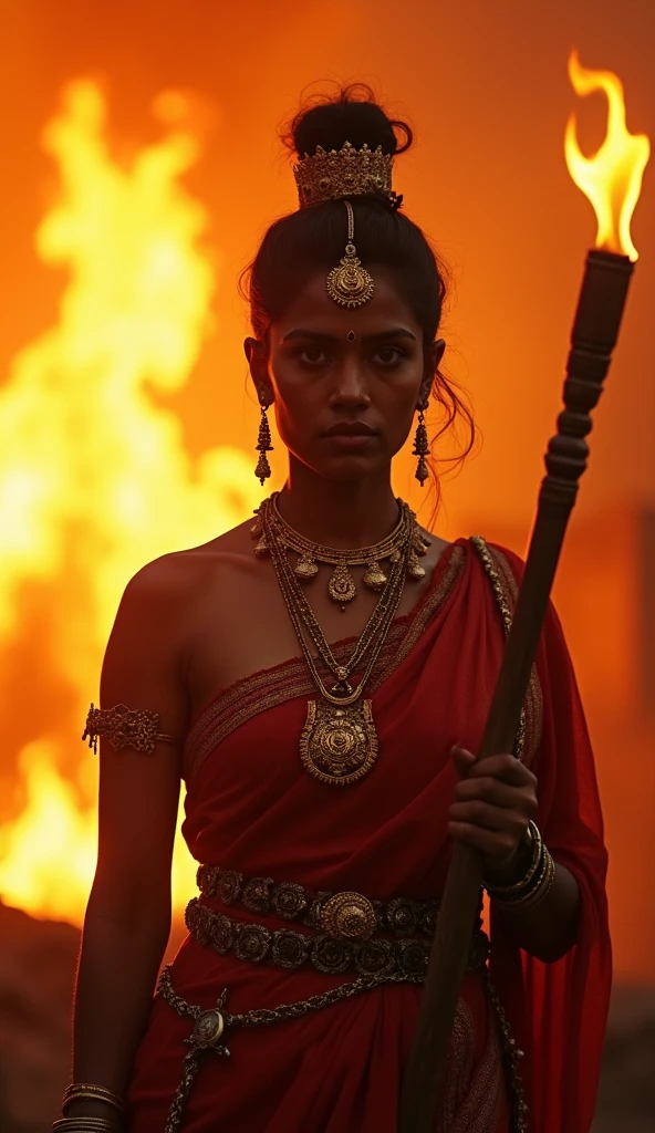 "A close-up, cinematic image of Rani Velu Nachiyar holding a torch - SeaArt AI
