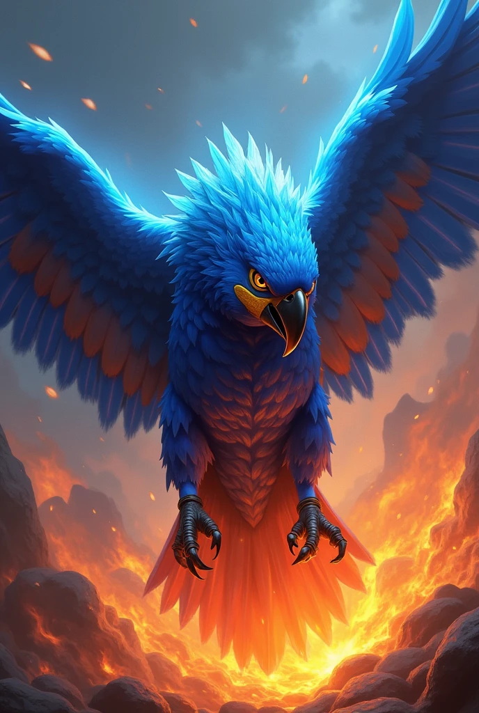 A badass blue macaw, Simpler, catching fire - SeaArt AI