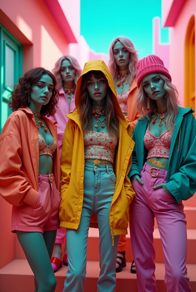 Young female zombies wearing modern and casual outfits in bright colors ...