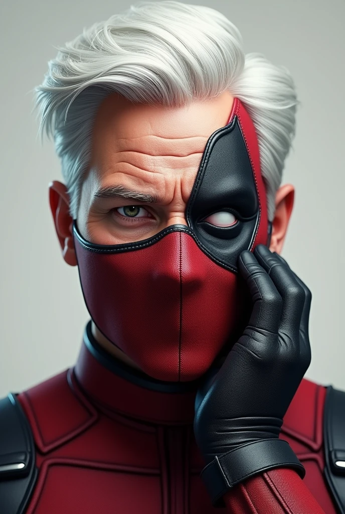 A white hair man DRESSED AS DEADPOOL (TAKING OFF HIS MASK), loking face ...