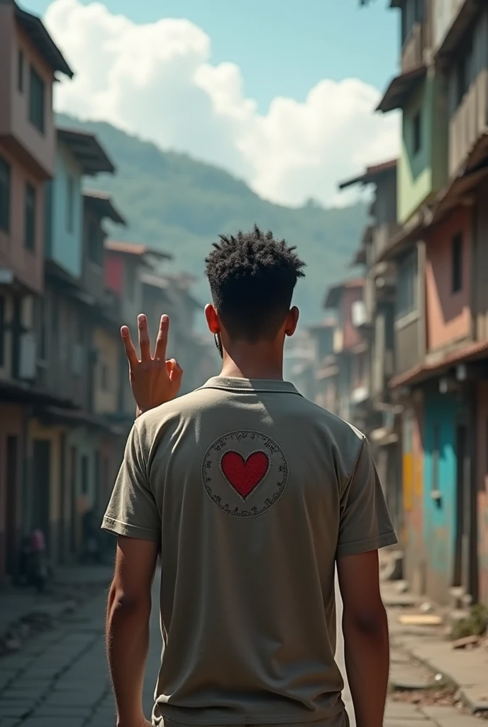 with his back to the favela with his hand making a sign with three ...