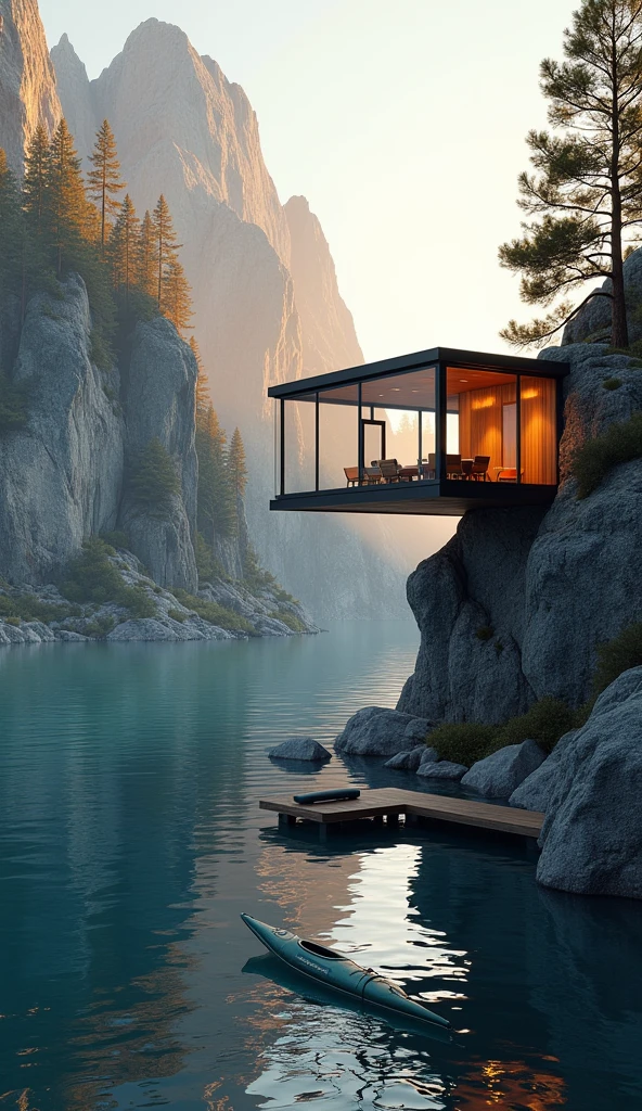 "A modern glass cabin with sleek design, situated on a cliff ...