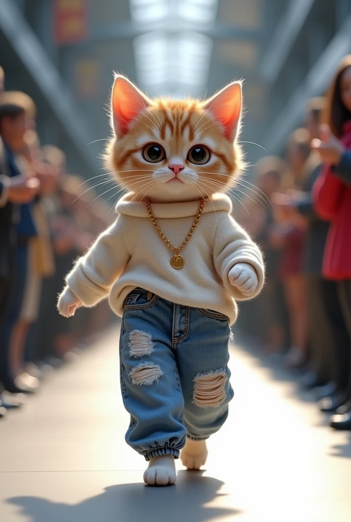 (photorealism:1.2), cute cat wearing loose baggy jeans and white ...