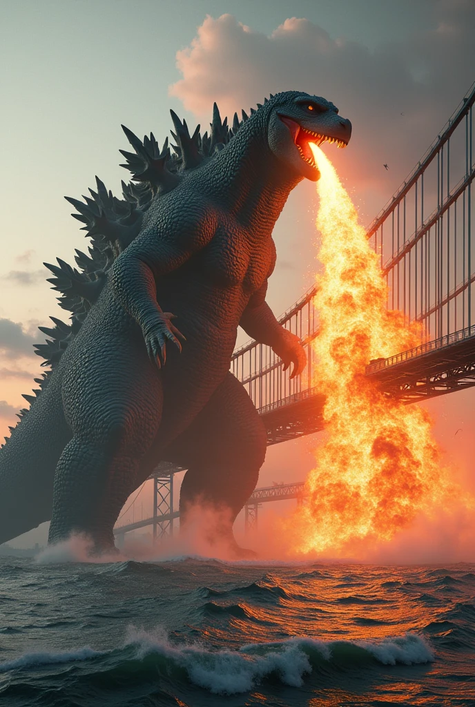 Godzilla attack the fire ball from mouth oresund bridge - SeaArt AI