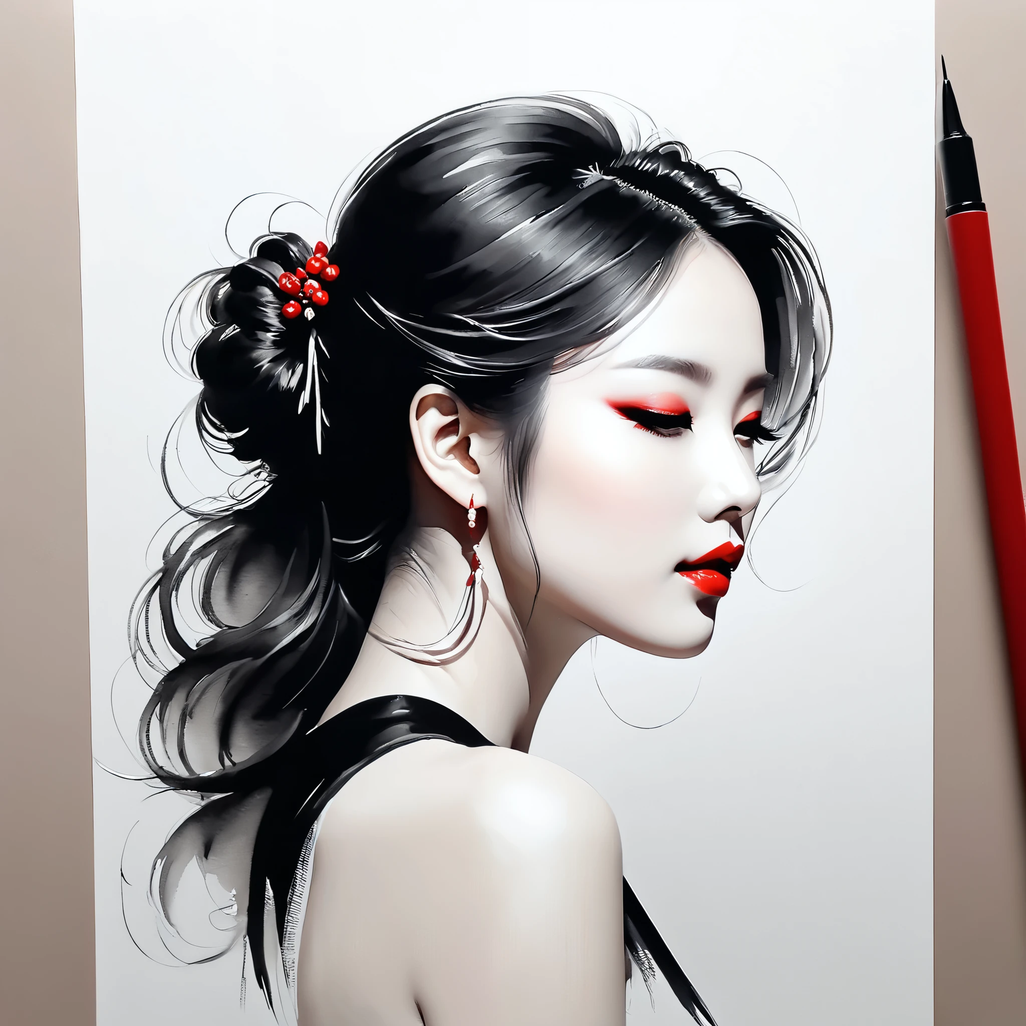 A drawing of a woman with red lipstick and a red pencil - SeaArt AI