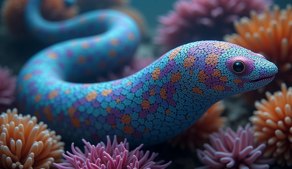 A colorful moray eel, multicolor scales, intricate patterns, vibrant ...