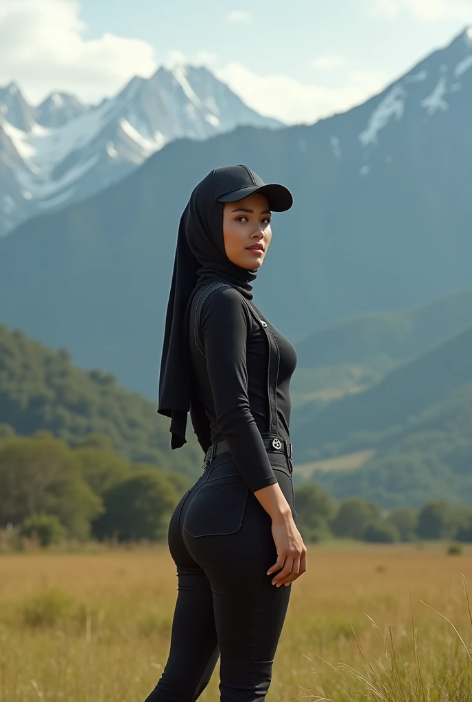 Full-body portrait photograph of a young java woman hijab with polo Cap ...